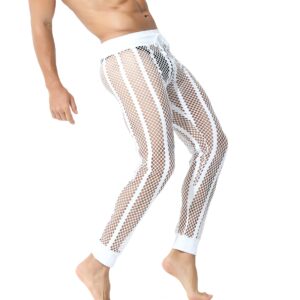 QiaTi Men's Fishnet Pants Mesh See Through Muscle Leggings Stretchy Drawstring Long Pants B-White