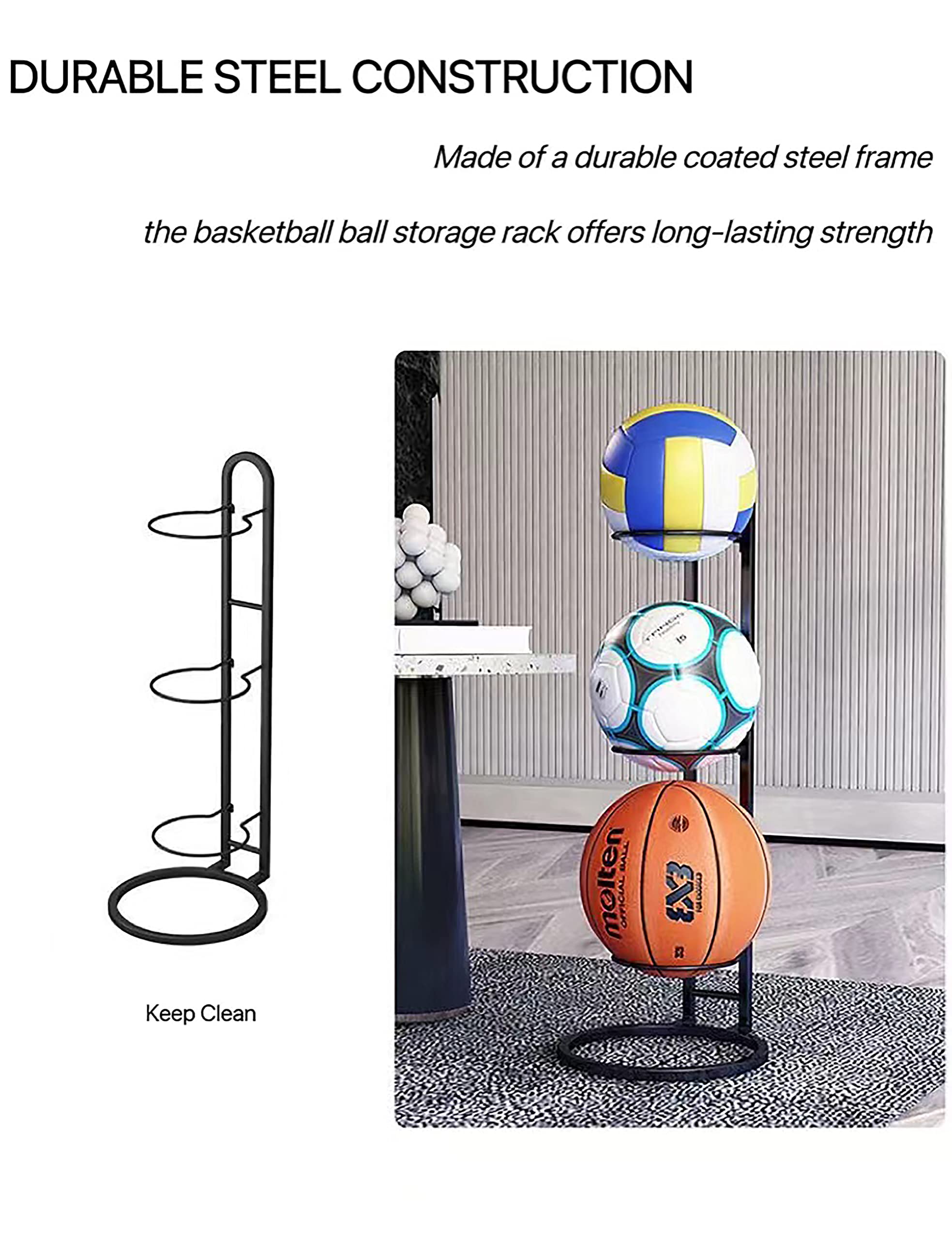 APLRIC Basketball Ball Storage Rack, 3 Tier Cube Ball Storage Holder, Garage Sports Organizer,Indoor Removable Vertical Display Stand for Basketball Football Volleyball