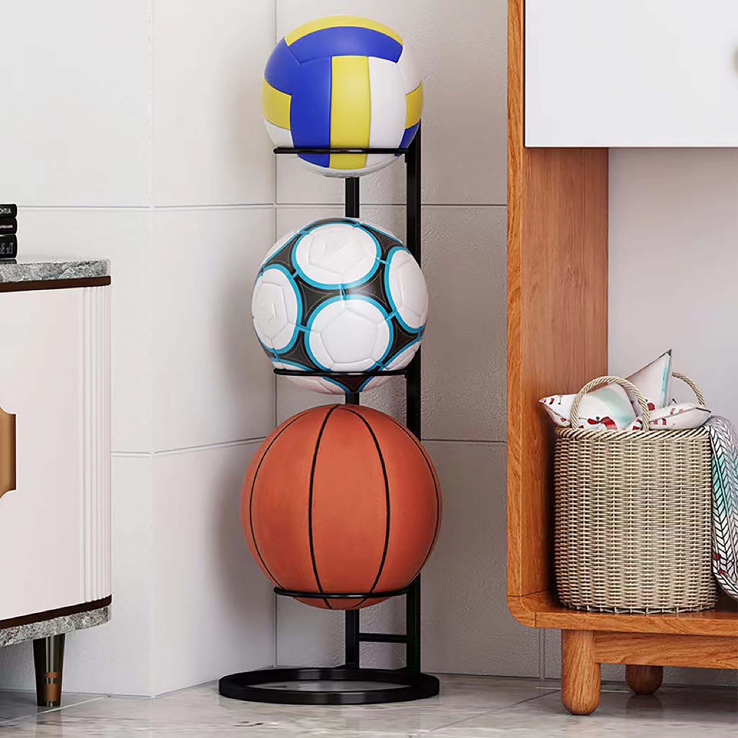 APLRIC Basketball Ball Storage Rack, 3 Tier Cube Ball Storage Holder, Garage Sports Organizer,Indoor Removable Vertical Display Stand for Basketball Football Volleyball