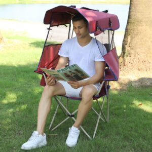 camping brothers camping chair with shade canopy - outdoor folding patio chair - includes retractable sun shade, cup holder, side pockets (maroon)