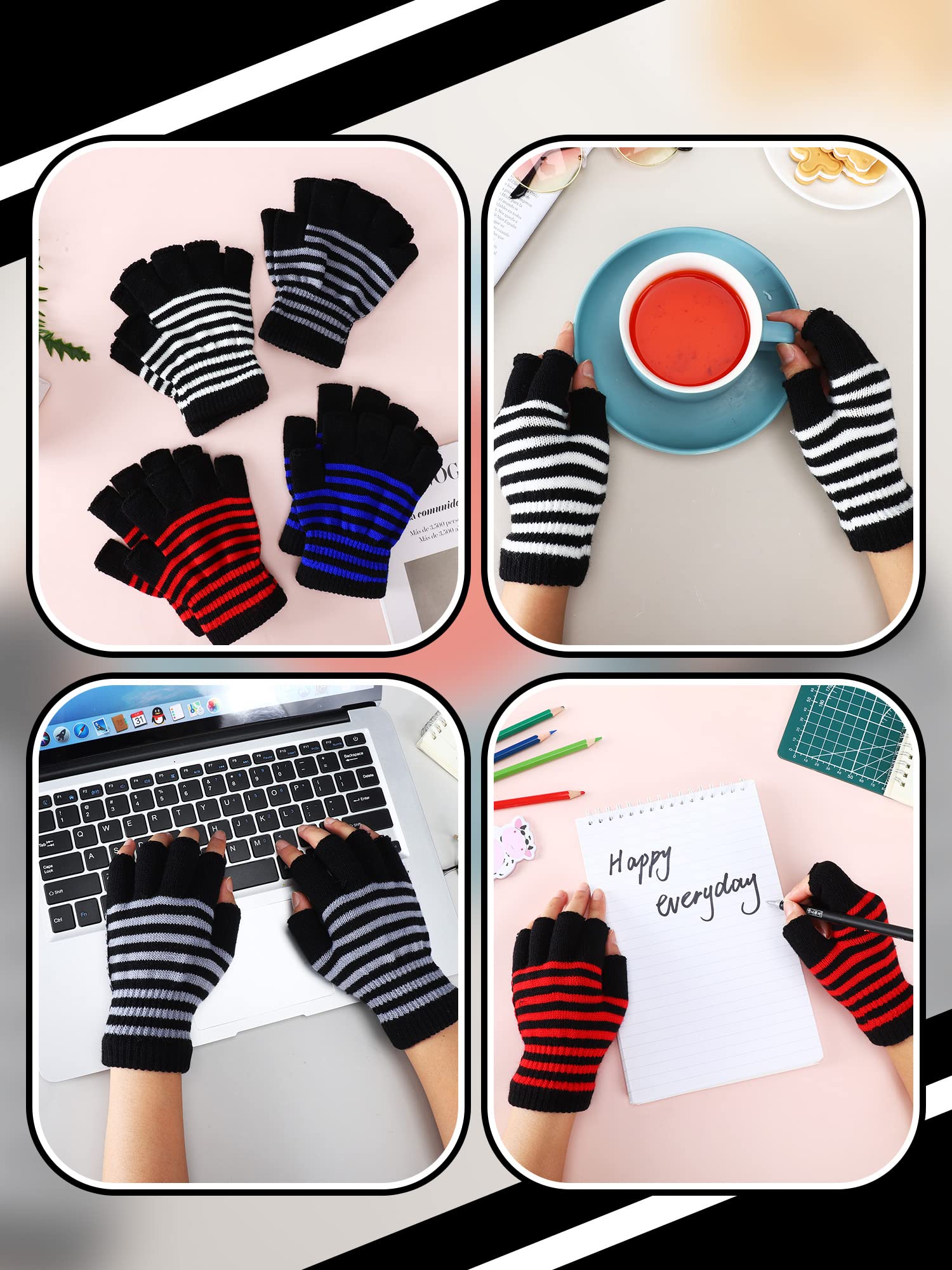 4 Pairs Fingerless Gloves Unisex Half Finger Gloves Striped Knit Stretchy Winter Gloves for Women Men Cold Weather (Striped Style)