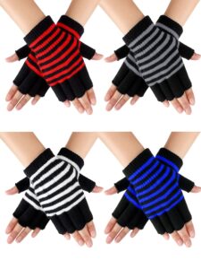 4 pairs fingerless gloves unisex half finger gloves striped knit stretchy winter gloves for women men cold weather (striped style)