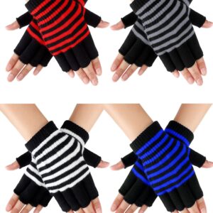 4 Pairs Fingerless Gloves Unisex Half Finger Gloves Striped Knit Stretchy Winter Gloves for Women Men Cold Weather (Striped Style)