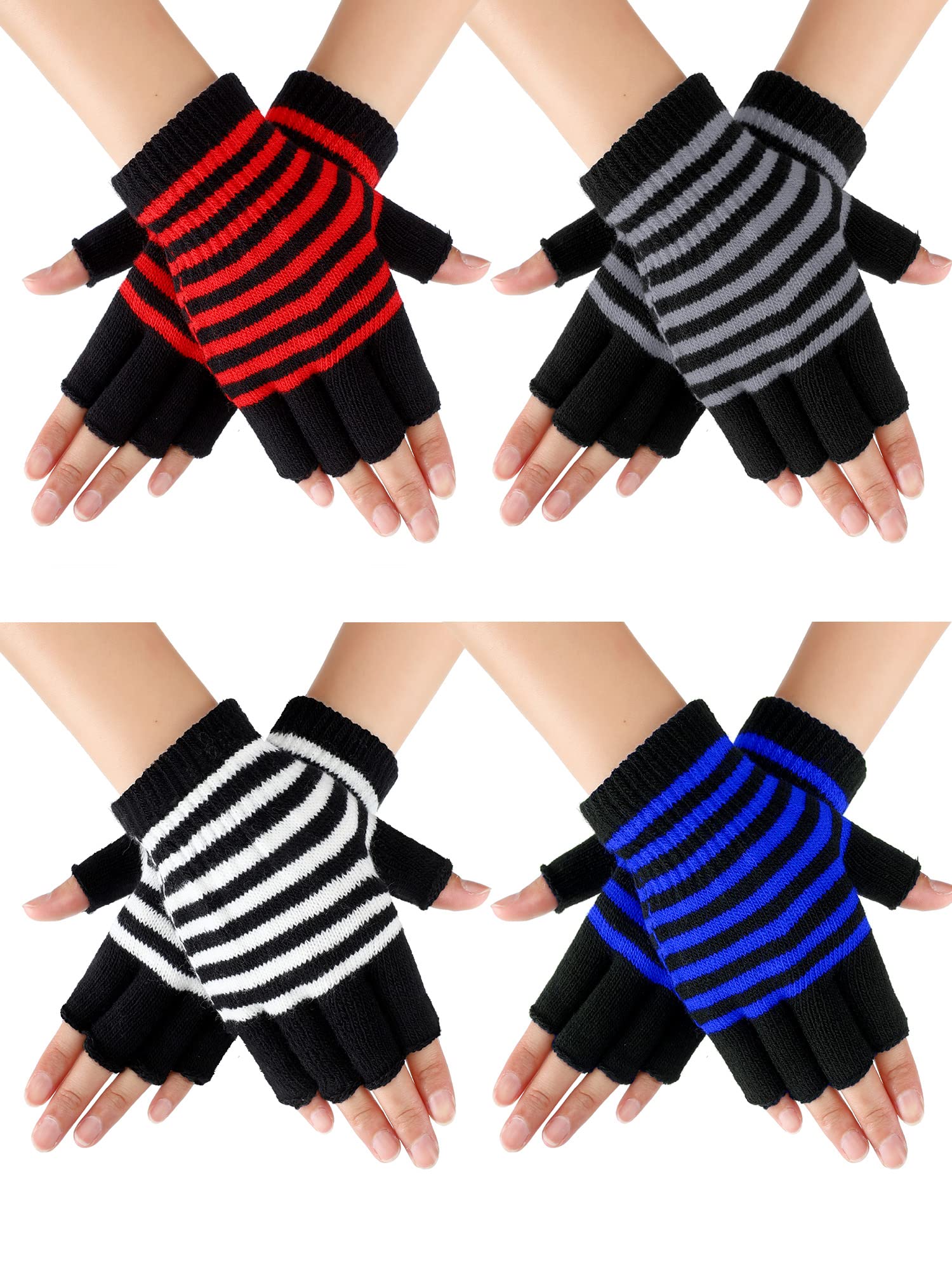 4 Pairs Fingerless Gloves Unisex Half Finger Gloves Striped Knit Stretchy Winter Gloves for Women Men Cold Weather (Striped Style)