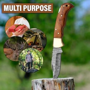 Huntex Smith Pocket Knife for men,6.75 Inch Hunting Knife with Leather Sheath Damascus Pocket knives best for Outdoor & Indoor,Camping, Hiking,Survival and Skinning(Olive-Wood)