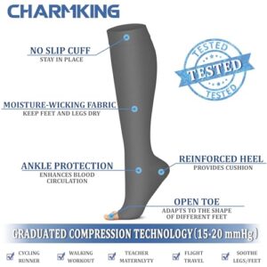 CHARMKING 3 Pairs Open Toe Compression Socks for Women & Men Circulation 15-20 mmHg is Best for All Day Wear Running Nurse (03 Black/White/Grey, L/XL)