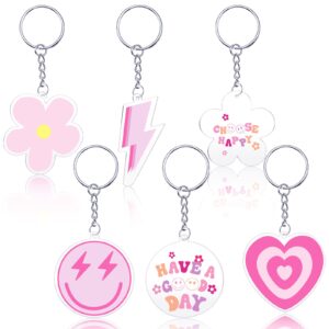 otuuz 6 pcs preppy smile key chain acrylic smile face keychain happy face aesthetic preppy keychain for backpack cute women's keyrings and keychains for girls purse pink accessories charm, 6 designs