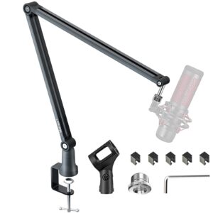 mercase boom arm, foldable desktop metal mic stand, adjustable scissor microphone arm stand with desk mount clamp, hidden cable trough, 3/8" to 5/8" adapter for blue yeti snowball hyperx quadcast