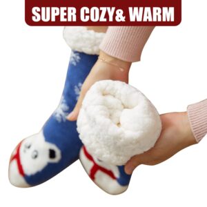 DOOVID Women's Fuzzy Slipper Socks with Grippers Fluffy Christmas Winter Non Slip Warm Fleece Socks Blue Scarf Bear