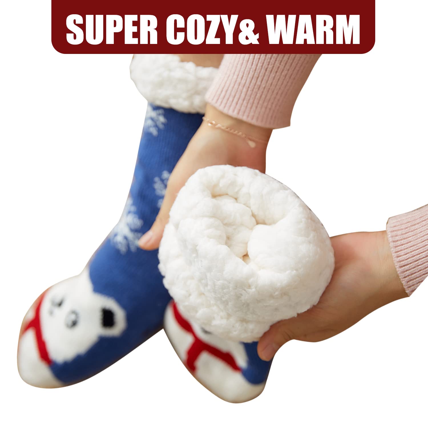 DOOVID Women's Fuzzy Slipper Socks with Grippers Fluffy Christmas Winter Non Slip Warm Fleece Socks Blue Scarf Bear