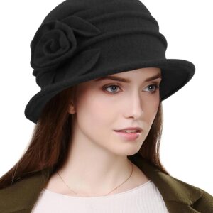 Sumolux Women Beret Hat French Vintage Floral Wool Dress Cloche Classic Winter Hat 1920s B Black