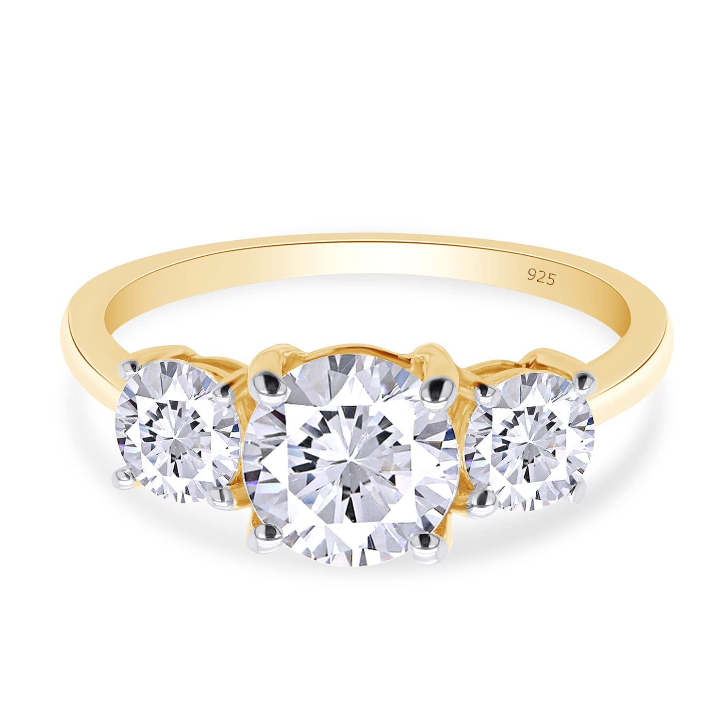 SAVEARTH DIAMONDS 1.6 Carats Round Lab Created Moissanite Diamond Three Stone Promise Ring for Women 18K Yellow Gold Plated 925 Sterling Silver with Certificate of Authenticity Size-8