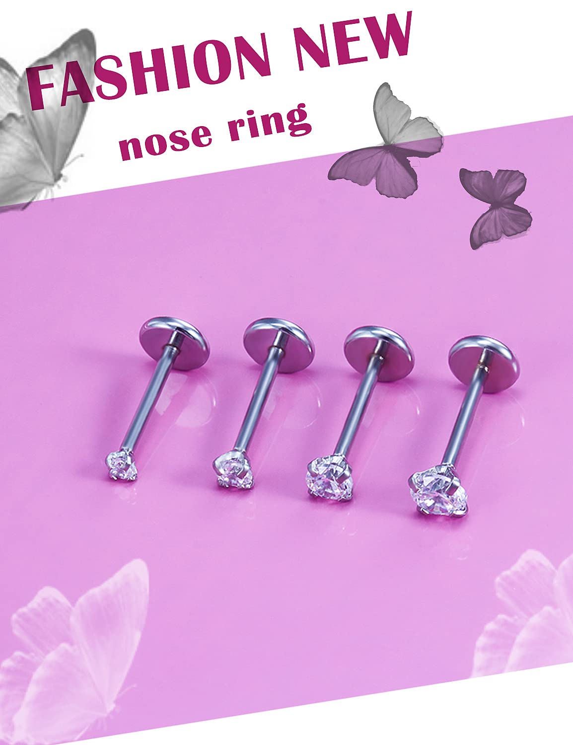 Lcolyoli 20G Threadless Push in Nose Rings for Women Diamond CZ 1.5mm 2mm 2.5mm 3mm Surgical Steel Nose Studs Pushin Nose Piercings Nostril Jewelry 4PCS