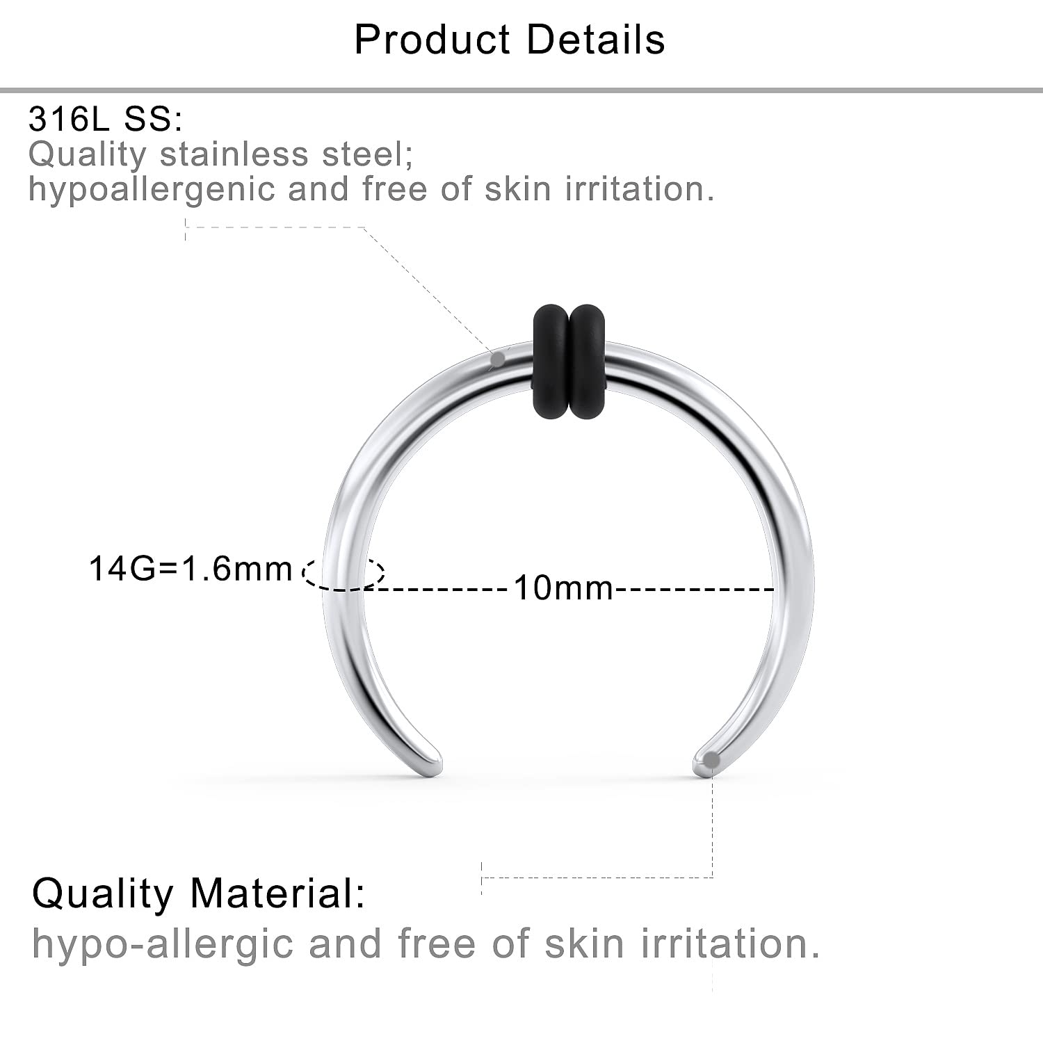 Lcolyoli 14G Septum Rings Surgical Steel 3/8"(10mm) Horseshoe Nose Hoop Ring Septum Piercing Jewelry for Women Men