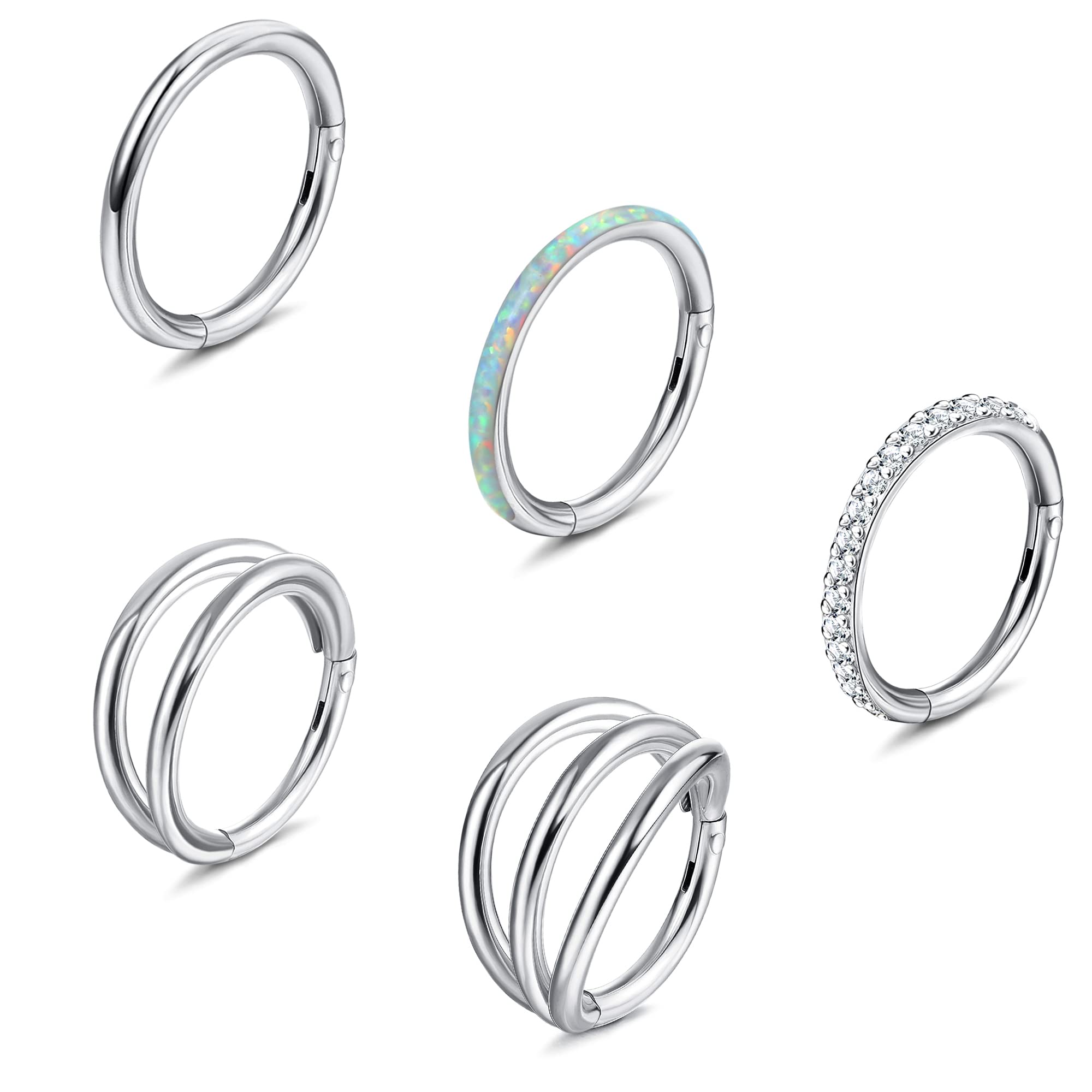 LOYALLOOK 5Pcs 316L Surgical Steel Nose Rings Hoop for Women Men Seamless Hinged Segment Ring Hoop Septum Clicker Lip Nose Rings Double Triple Open Stack Sleeper Earring