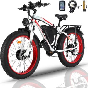 tiemahun (us stock) smlro xdc600 plus dual motor awd 22.4ah 2000w 26" fat tire electric bike 35mph, 21 speed mountain ebike suspension with lock hydraulic disc brakes, ebikes for adults (white & red)