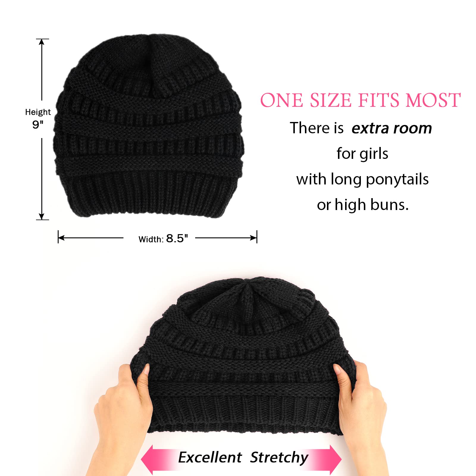 2 Pack Satin Lined Knitted Beanie Hats for Women Winter Warm Stretch Slouch Cable Beanie with Satin Silk Lining Black+Rose