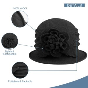 Sumolux Women Beret Hat French Vintage Floral Wool Dress Cloche Classic Winter Hat 1920s A Black