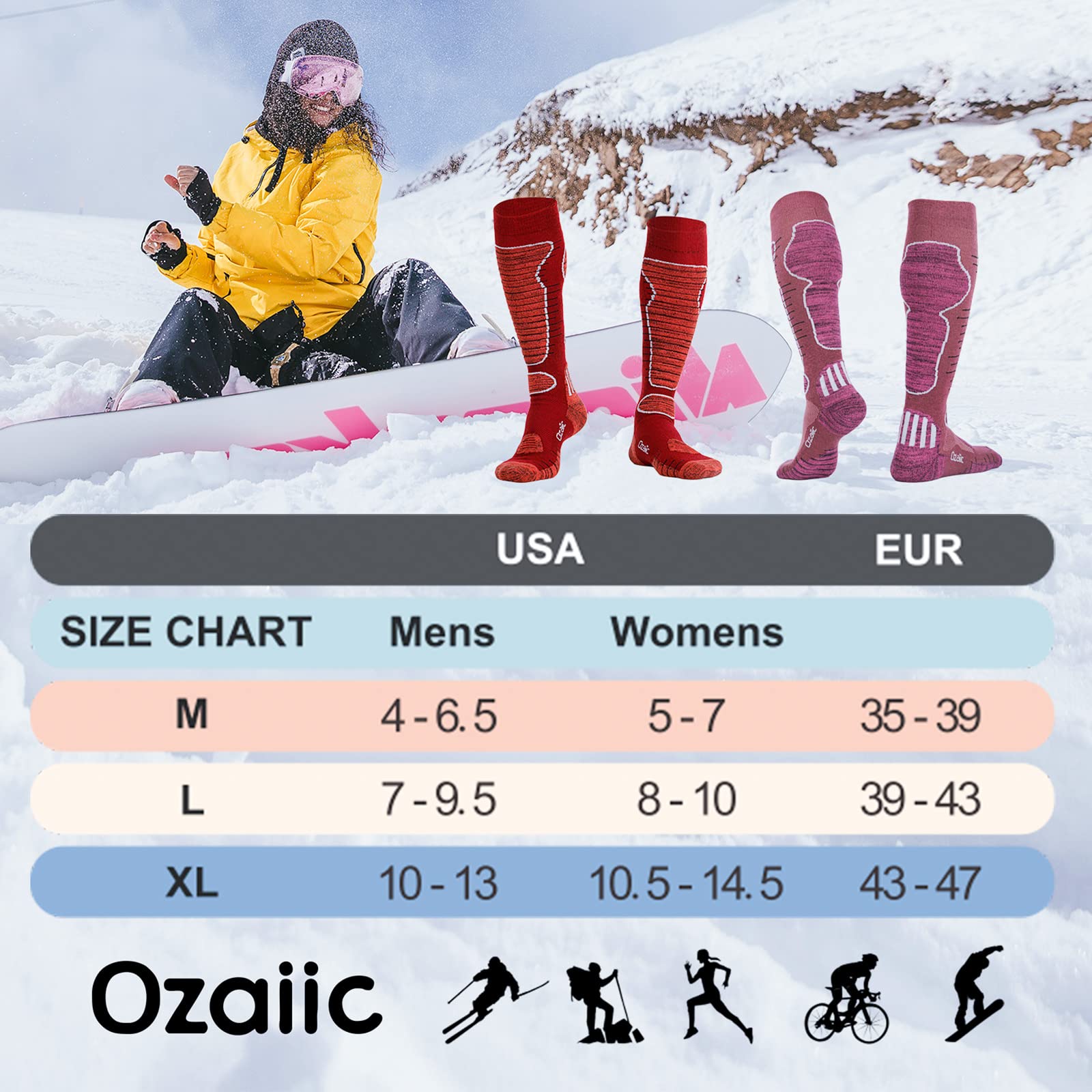 Merino Wool Ski Socks Mens Womens 2 Pairs for Skiing, Snowboarding, Thermal Knee High Winter Warm Sports Performance Socks