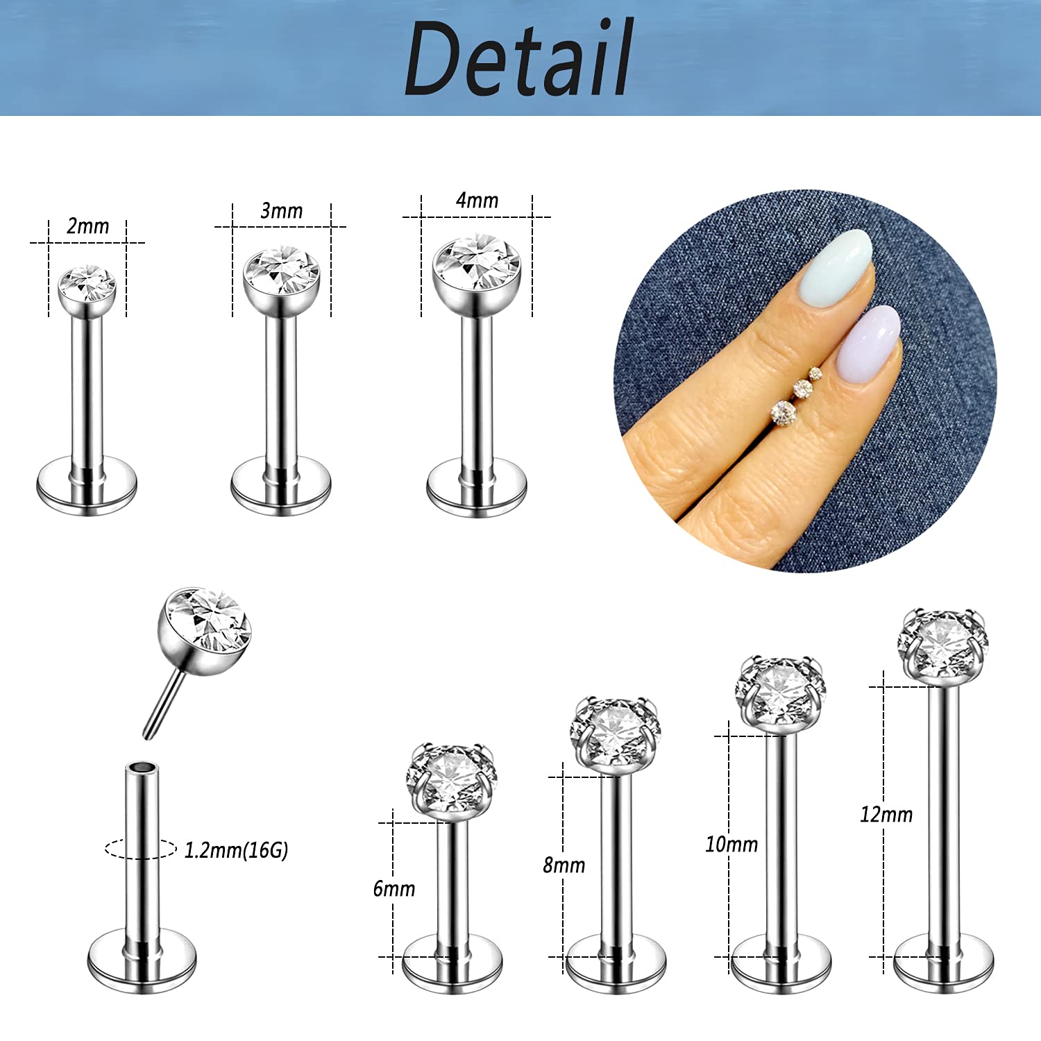 ZS 9Pcs 16G/18G/20G Threadless Push in Lip Labret Nose Studs, Stainless Steel Piercing Jewelry for Conch Medusa Piercing, CZ Forward Helix Tragus Earring for Women Men (Stick CZ/16g/8mm)