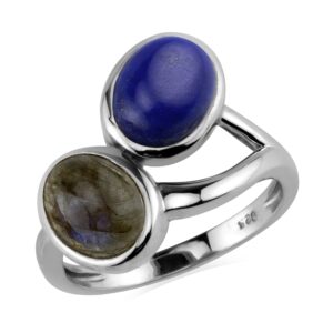 silvershake natural blue lapis lazuli and labradorite 9x7mm 925 sterling silver casual contemporary cabochon ring size 7