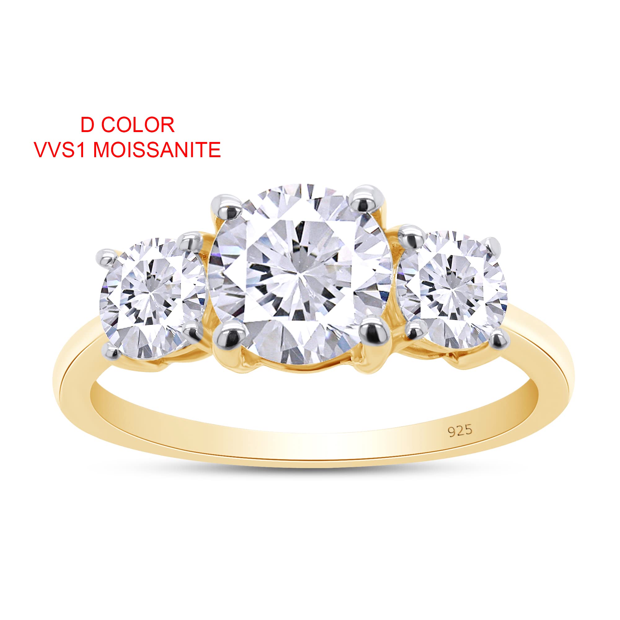 SAVEARTH DIAMONDS 1.6 Carats Round Lab Created Moissanite Diamond Three Stone Promise Ring for Women 18K Yellow Gold Plated 925 Sterling Silver with Certificate of Authenticity Size-8