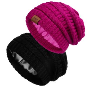 2 pack satin lined knitted beanie hats for women winter warm stretch slouch cable beanie with satin silk lining black+rose