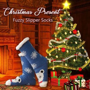 DOOVID Women's Fuzzy Slipper Socks with Grippers Fluffy Christmas Winter Non Slip Warm Fleece Socks Blue Scarf Bear