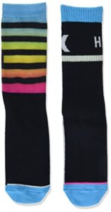 hurley boys' 2-pack everyday knit crew socks, black/multi stripe, 7-9