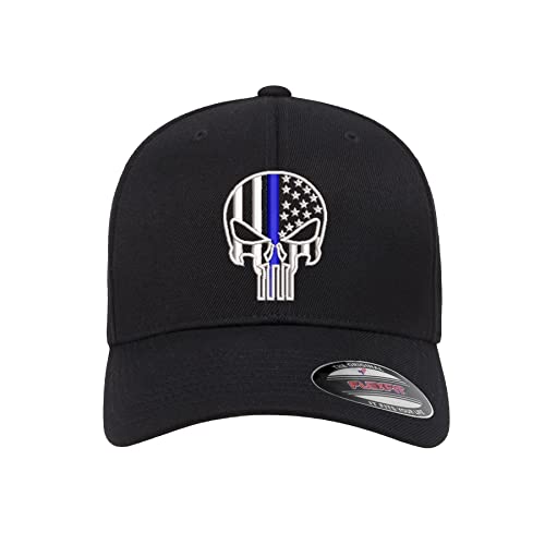 Thin Blue Line Skull USA Flag Flexfit Hat (L-XL Curved Brim, Black)