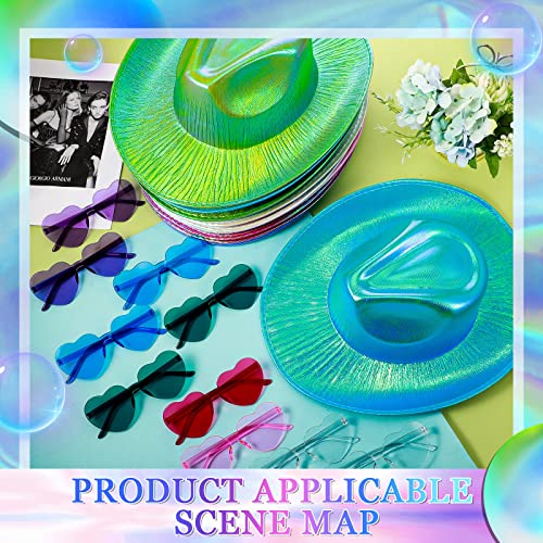 24 Pcs Cowboy Hats Holographic Space Cowgirl Hat with Rimless Heart Sunglasses Fun Party Hats Goggles for Women Men Party