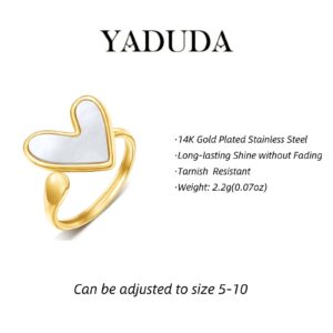 YADUDA Gold Heart Ring Mother Of Pearl Ring Hypoallergenic Lucky Ring 14k Gold Plated Stainless Steel Adjustable Heart Pandent Ring Stackable Dainty Rings Cute Gold Rings for Women