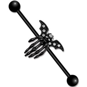 COCHARM Black Bat Skeleton Industrial Earrings 14g Hallween Skull Hand Industrial Piercing Jewelry Surgical Steel Industrail Bar Piercing