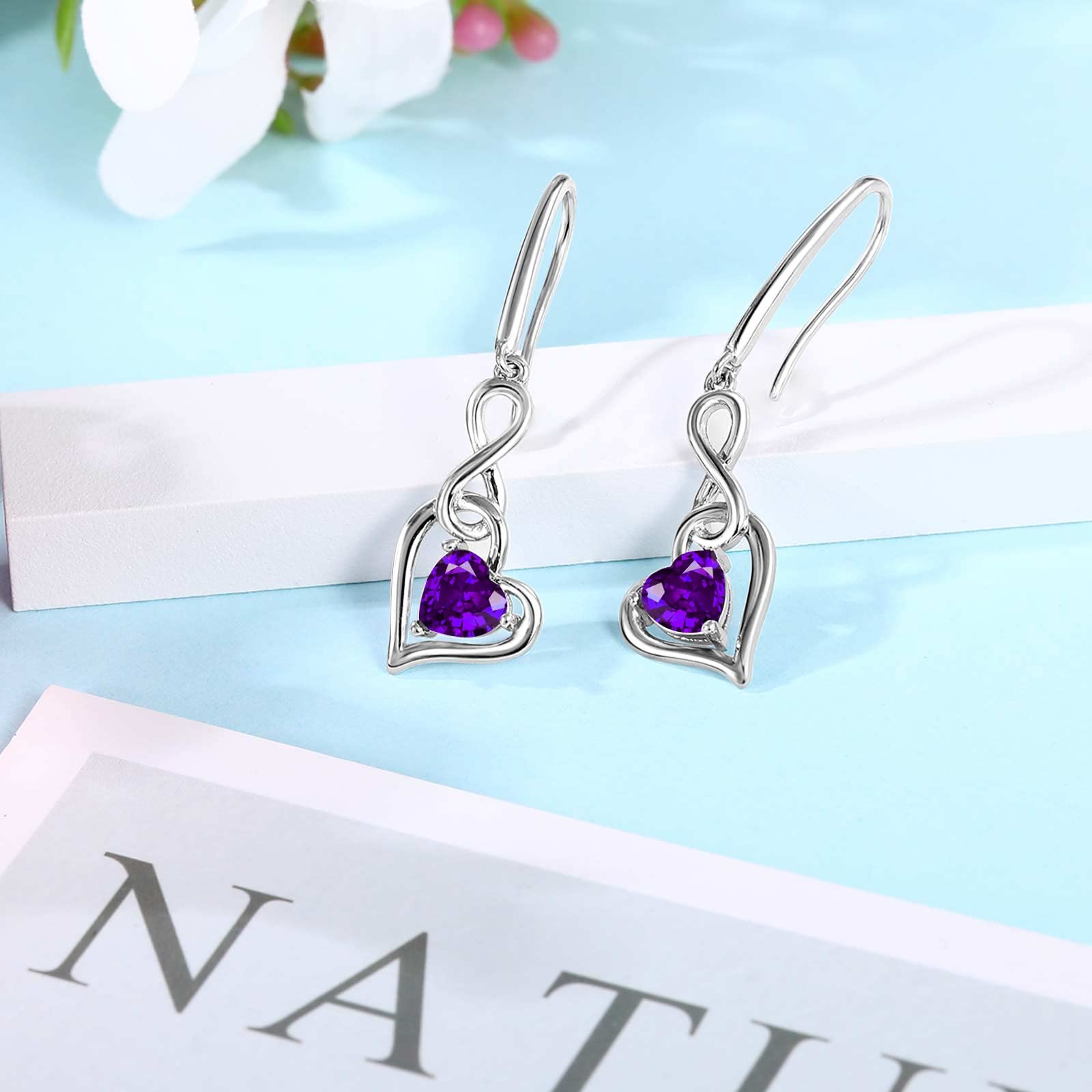 Amethyst Birthstone Drop Earrings for Women - Shysnow February Infinity Dangle Earrings 925 Sterling Silver Heart Purple Cubic Zirconia Drop Crystal Dangling Earrings