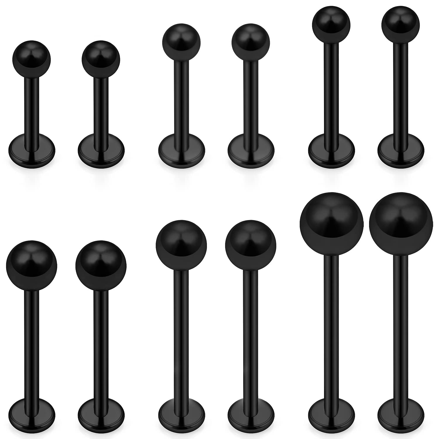 Ftovosyo 12Pcs 16G Different Sizes Flat Back Stud Stainless Steel Labret Ashley Medusa Monroe Dimple Cheek Lip Rings Studs Piercing Jewelry for Women Men Bar Length 8mm-19mm Black