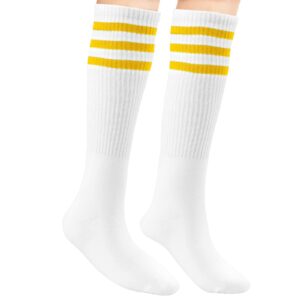 ciceyet classic triple stripes socks halloween cotton knee high tube socks skating athletic sport socks for men women (white/yellow)