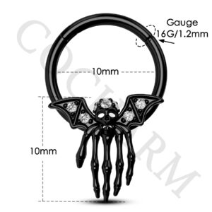 COCHARM Black Halloween Septum Rings 16g Skull Septum Piercing Jewelry Skeleton Nose Septum Clicker Spooky Septum Jewelry Vampire Daith Earrings