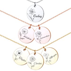 anavia 1/2/3/4 disc birth month flower name necklace, personalized floral coin necklace, 24 flower options customized gold plated birthday gift jewelry for new mom friends family (1 disc, rose gold)