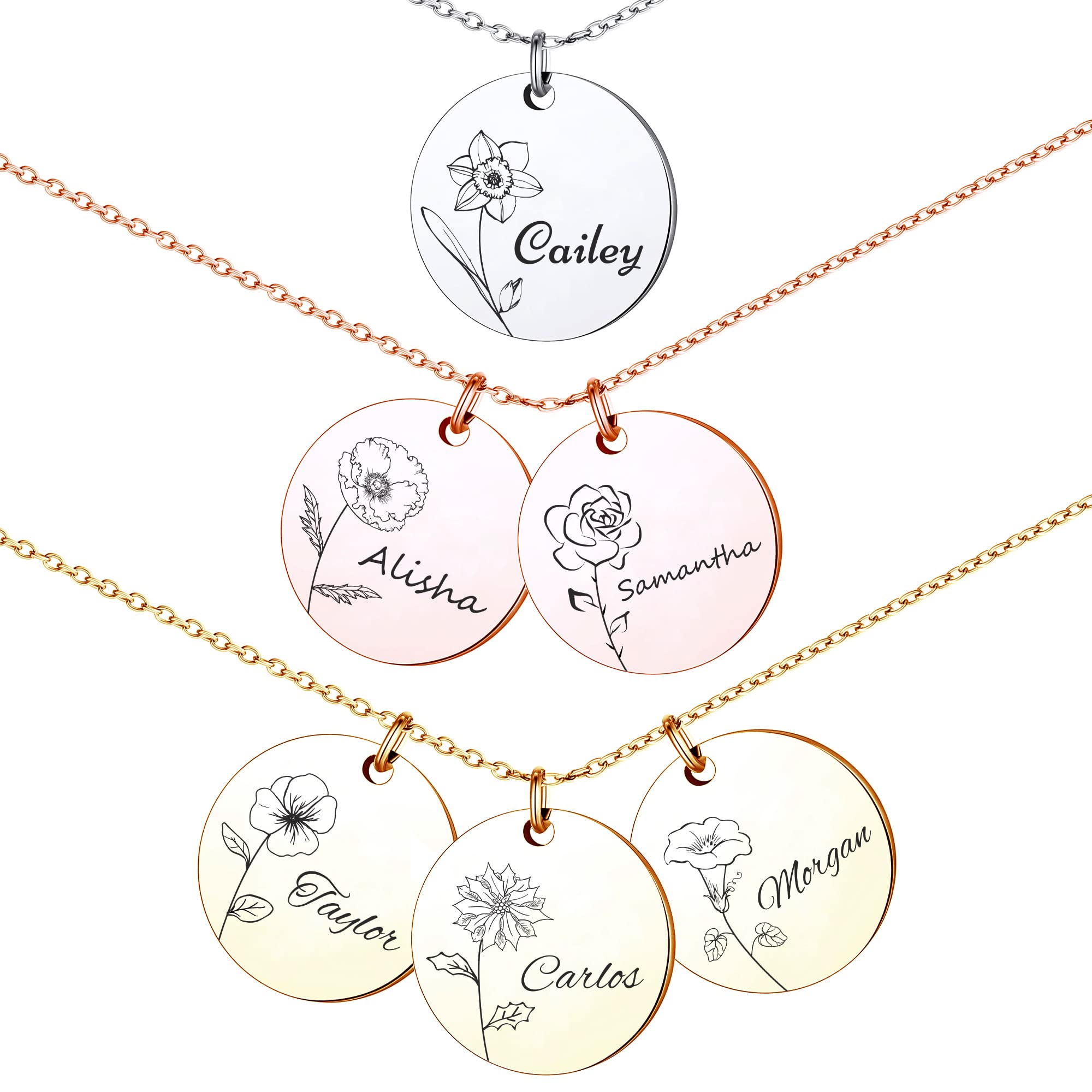 Anavia 1/2/3/4 Disc Birth Month Flower Name Necklace, Personalized Floral Coin Necklace, 24 Flower Options Customized Gold Plated Birthday Gift Jewelry for New Mom Friends Family (1 Disc, Rose Gold)