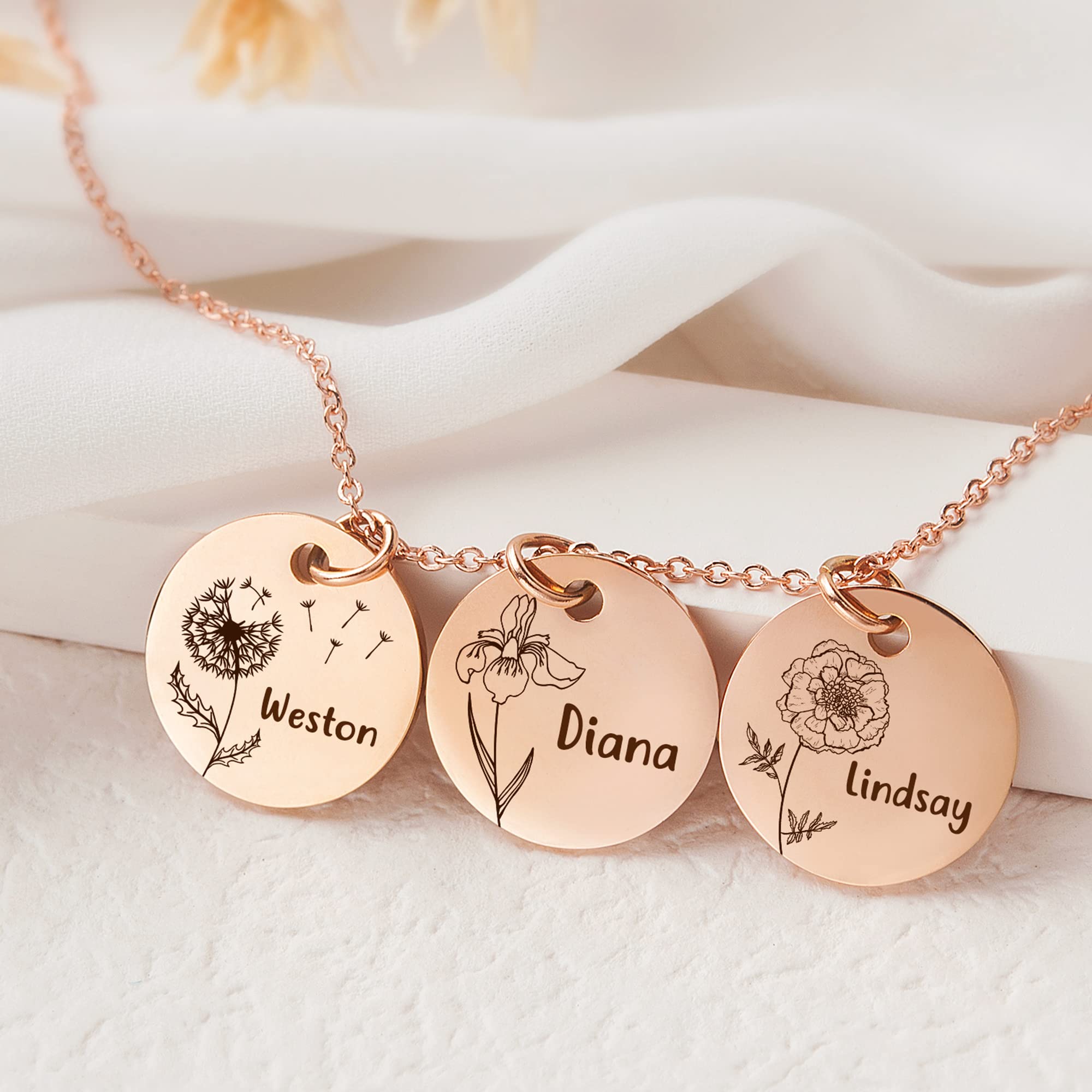 Anavia 1/2/3/4 Disc Birth Month Flower Name Necklace, Personalized Floral Coin Necklace, 24 Flower Options Customized Gold Plated Birthday Gift Jewelry for New Mom Friends Family (1 Disc, Rose Gold)