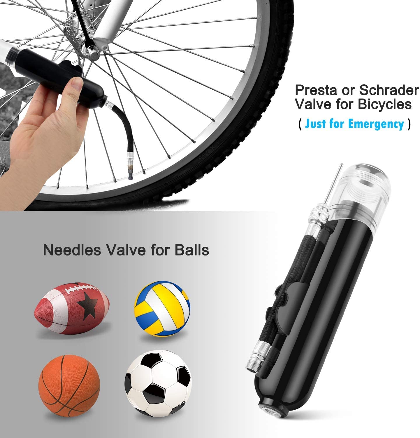 BROTOU Ball Pump & Bike Pump, Inflate Air Pump with 3 Needles, 2 Nozzles and 2 Bike Tire Valve Adapter Hand Pump Kit for Soccer Ball, Basketball, Volleyball, Balloons, Bikes