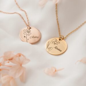 Anavia 1/2/3/4 Disc Birth Month Flower Name Necklace, Personalized Floral Coin Necklace, 24 Flower Options Customized Gold Plated Birthday Gift Jewelry for New Mom Friends Family (1 Disc, Rose Gold)