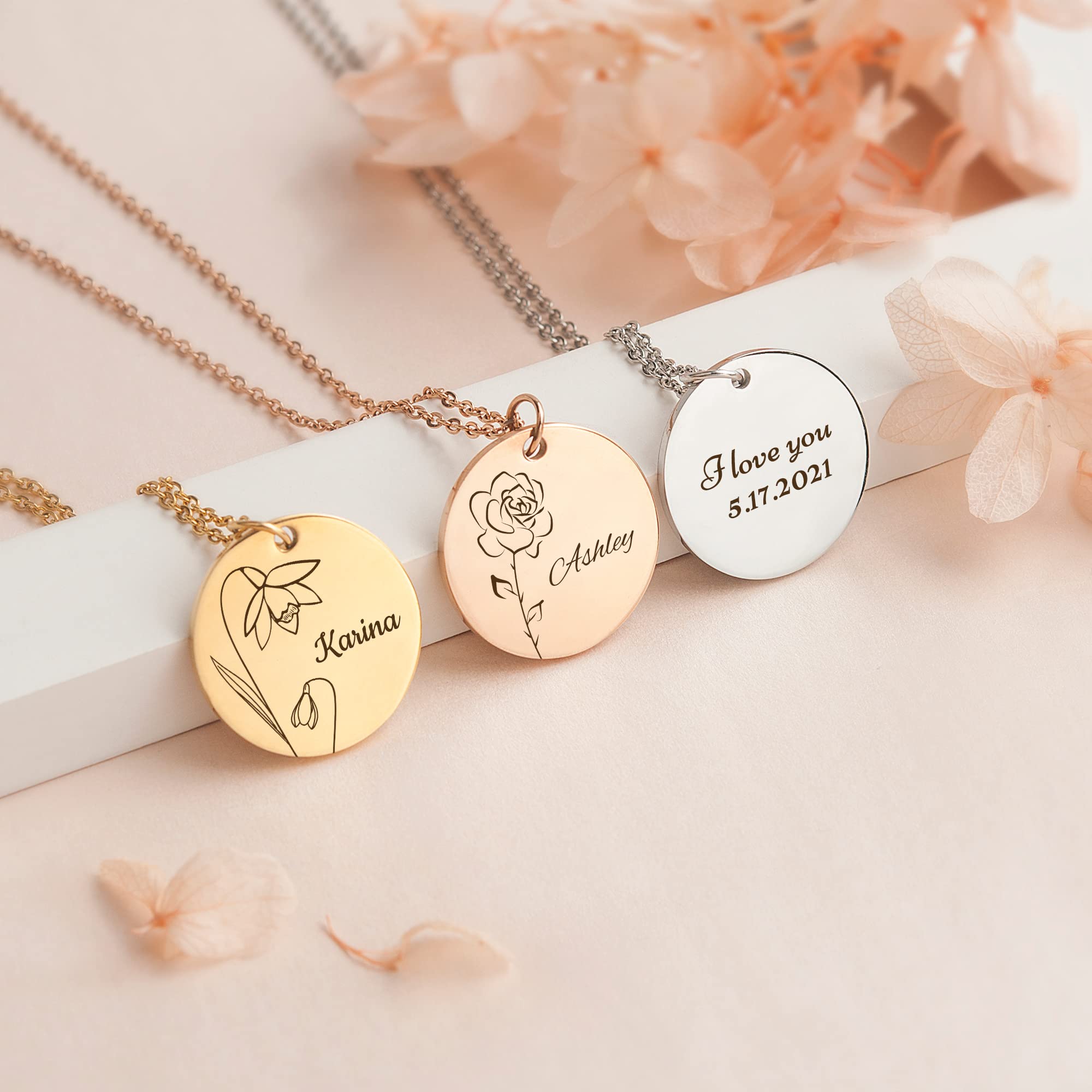 Anavia 1/2/3/4 Disc Birth Month Flower Name Necklace, Personalized Floral Coin Necklace, 24 Flower Options Customized Gold Plated Birthday Gift Jewelry for New Mom Friends Family (1 Disc, Rose Gold)