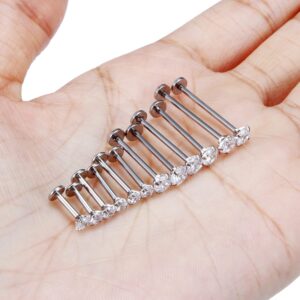 Ftovosyo 12Pcs 16G Different Sizes Flat Back Stud Stainless Steel Labret Ashley Medusa Monroe Dimple Cheek Lip Rings Studs Piercing Jewelry for Women Men Bar Length 6mm-19mm Silvertone