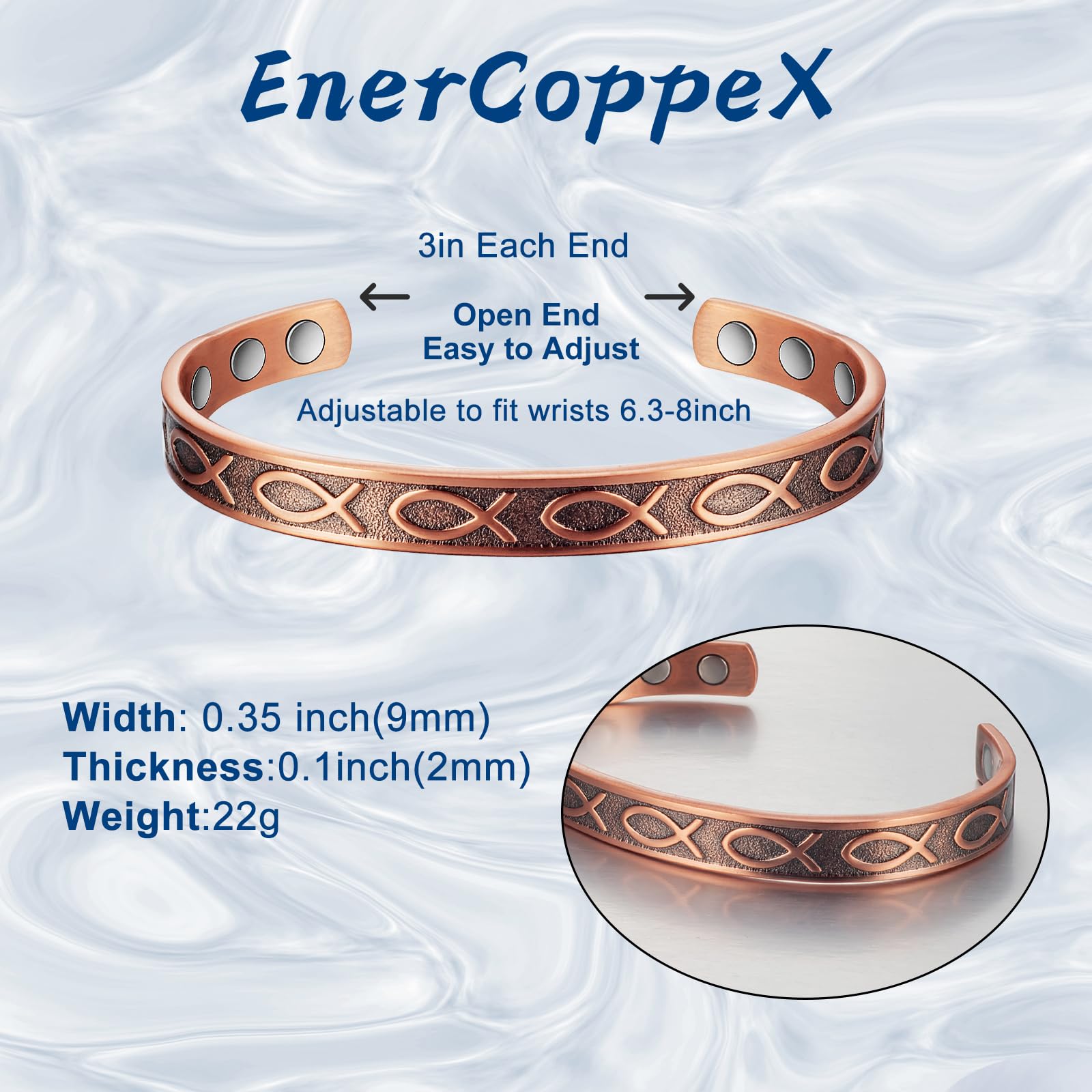 EnerCoppeX Copper Bracelets Brazaletes for Women, Adjustable Cuff Bangles, Copper Magnetic Bracelet for Men