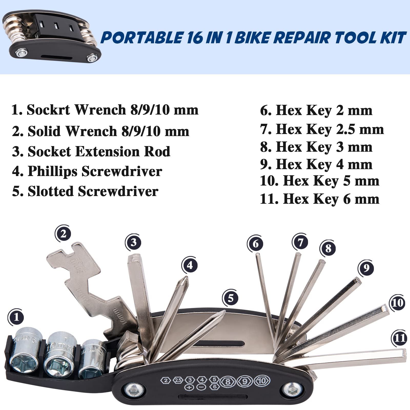 Bike Repair Tool Kit & Bicycle Repair Kit Bag, Bike Repair Kit Portable Bike Tire Repair Tool Kit with 16-in-1 Tools, Bike Tire Patch Kit, 120 Psi Mini Pump, Tyre Levers for Mountain/ Road Bike Repair