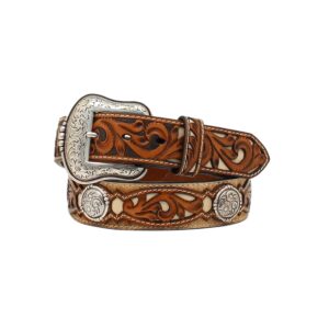 ariat men's belt calf hair tooled tabs round conchos, size 42, brown