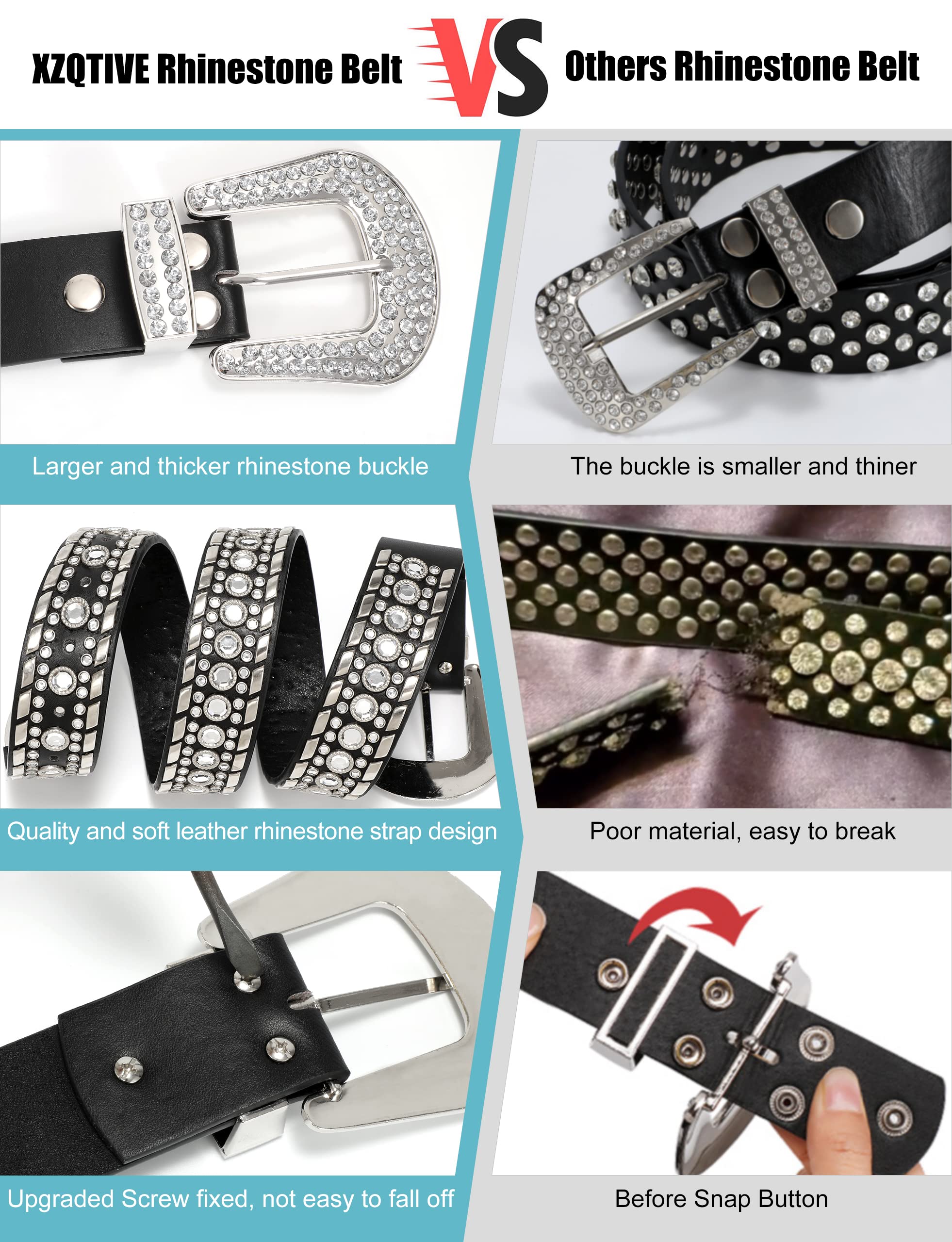 XZQTIVE Men Women Rhinestone Belt Studded Western Leather Belt Sparkle Belt Vintage Cowgirl Cowboy Bling Belts for Pants Jeans,Black