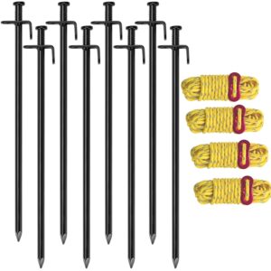 aoipend 8 pack 12 inch heavy duty tent stakes with 4 ropes 13ft reflective guy lines kit metal ground anchors for outdoor camping pegs tree tarp canopy gardening