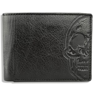 kobi & knight mens leather skull wallet | bifold wallet with embossed skull design | full grain leather wallet in gift box | gift idea for men